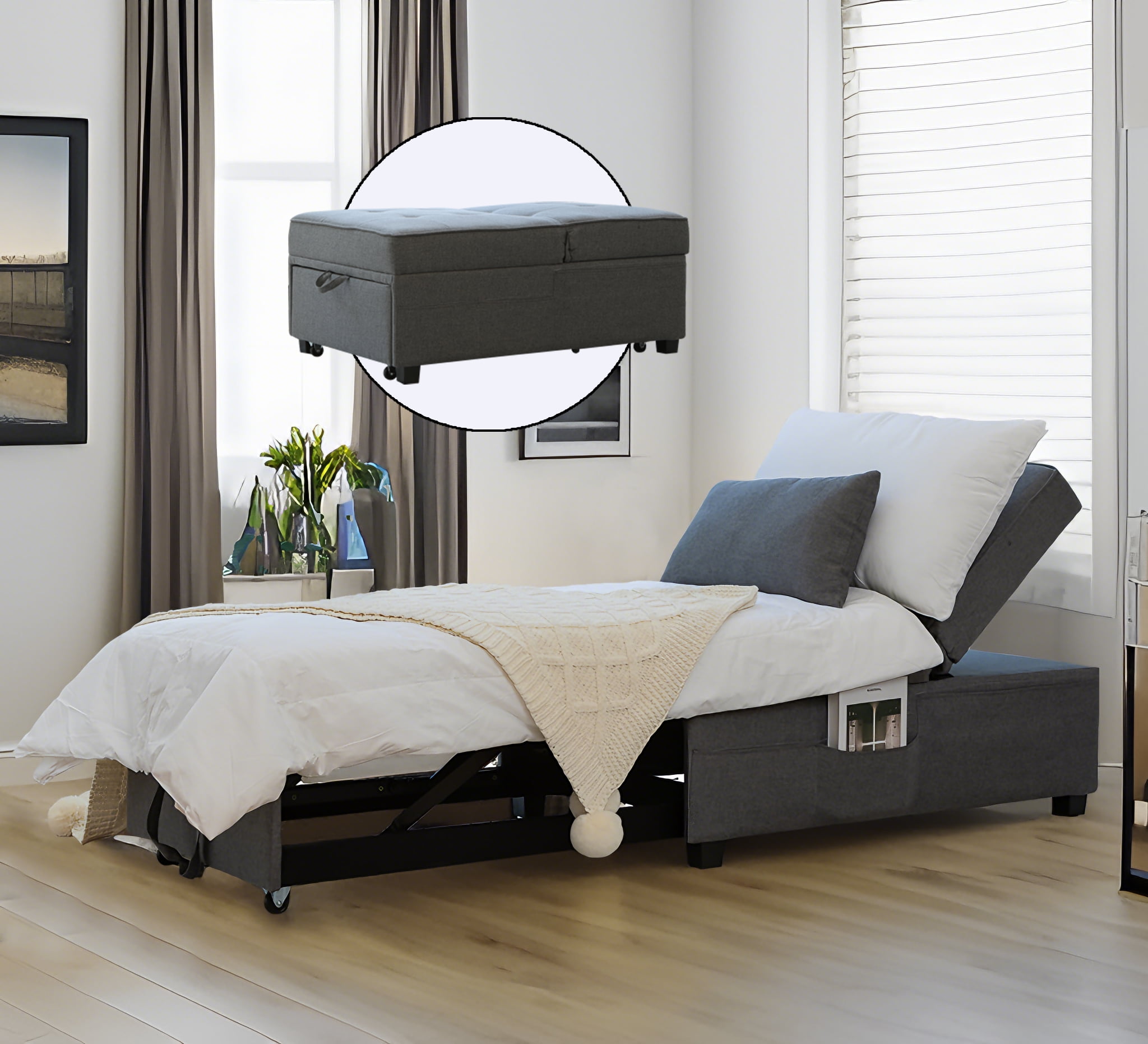 Cynefin 4 in 1 Convertible Sleeper Chair/Ottoman Bed with Lumbar Pillow ...