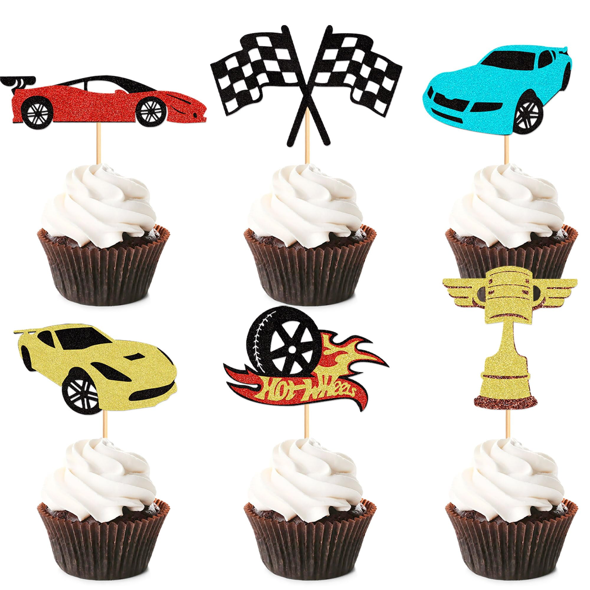 Cyodoos 24PCS Race Car Cupcake Toppers Sparkling MDH1Trophy Flag Racing ...