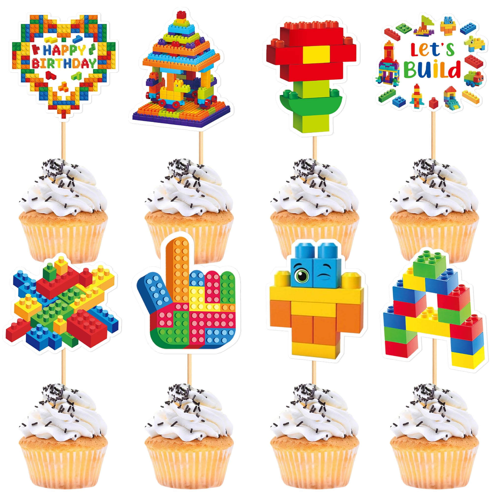 Cyodoos 24Pcs Building Block Birthday Party COC1Cupcake Toppers Boy ...