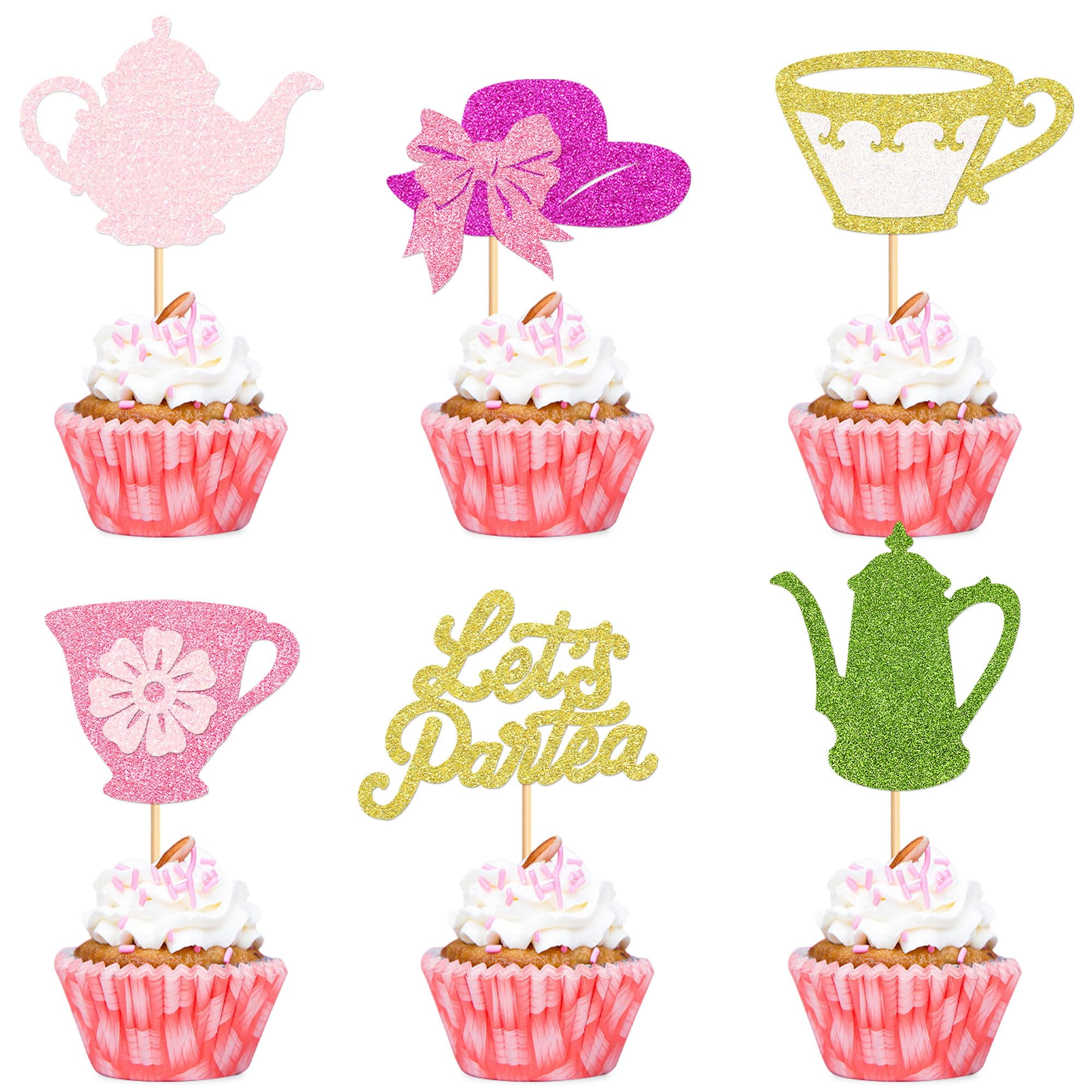 Cyodoos 24Pcs Tea Party Cupcake Toppers - MDH1Teapot and Floral Themed ...