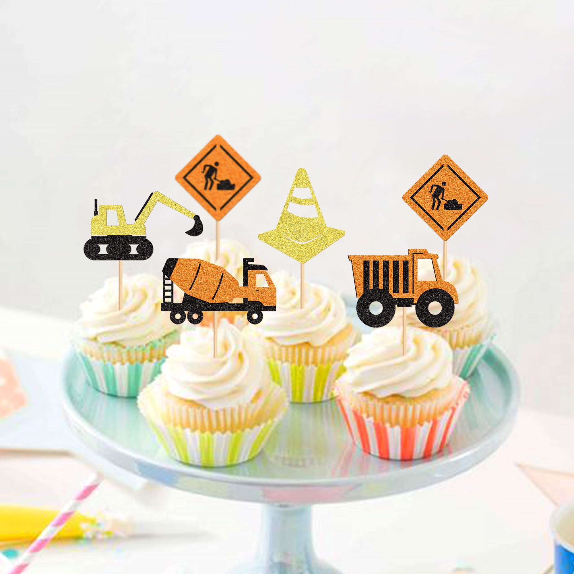 Cyodoos 25Pcs Construction SCH4 Cupcake Toppers Stop Sign Dump Truck ...