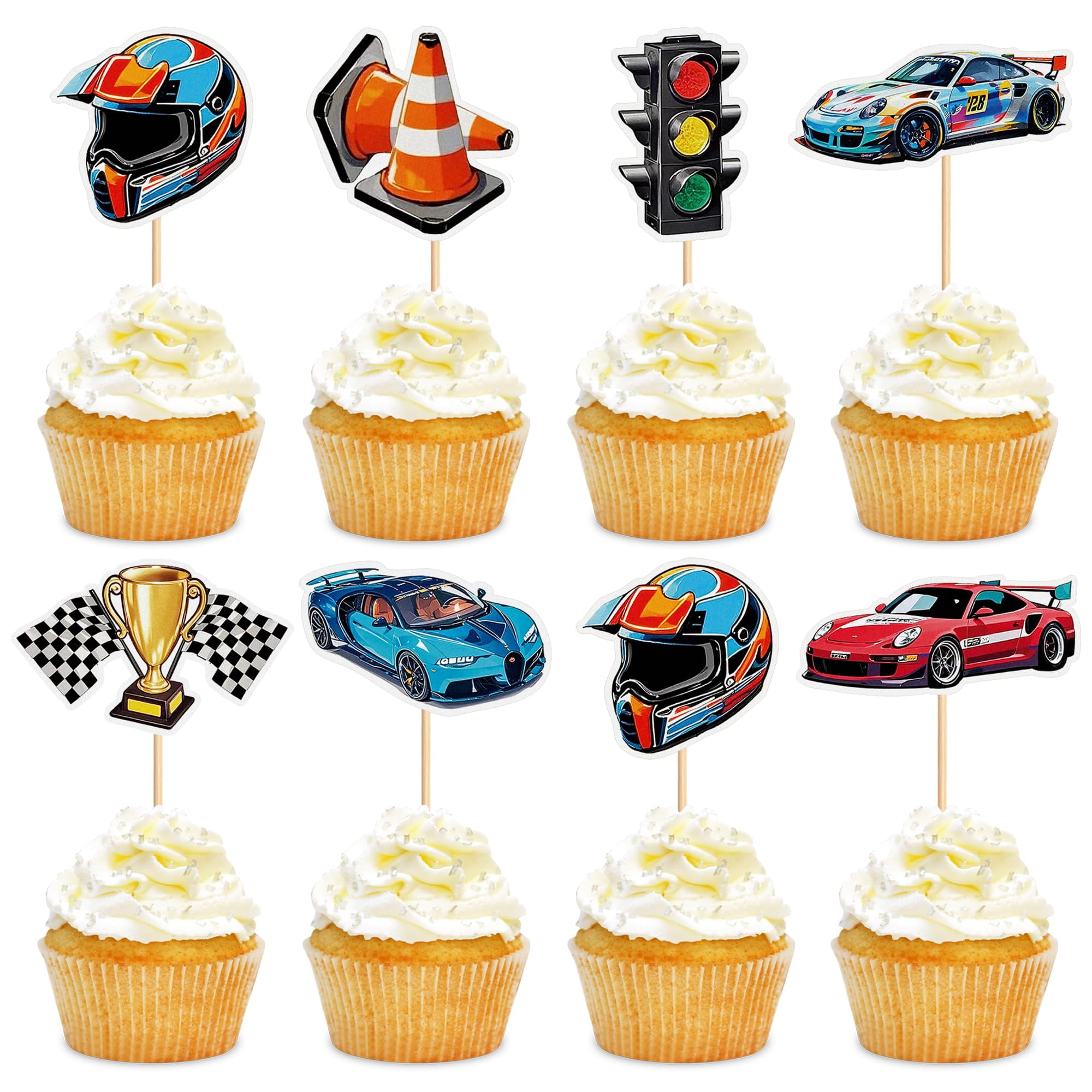 Cyodoos 35PCS Race FEV6 Car Cupcake Toppers Sparkling Trophy Flag ...