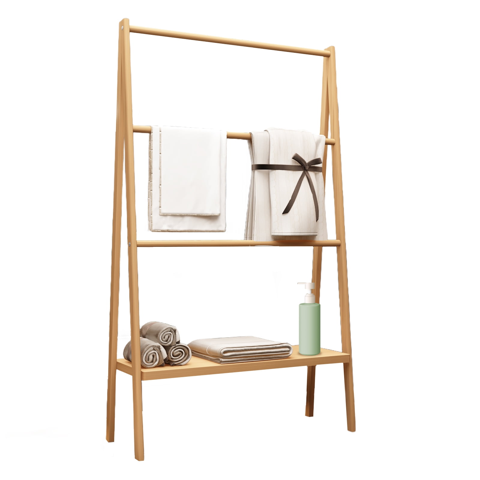 UIOWIO Bamboo Ladder Towel Rack with Storage Shelf,4-Tier Bathroom Free ...
