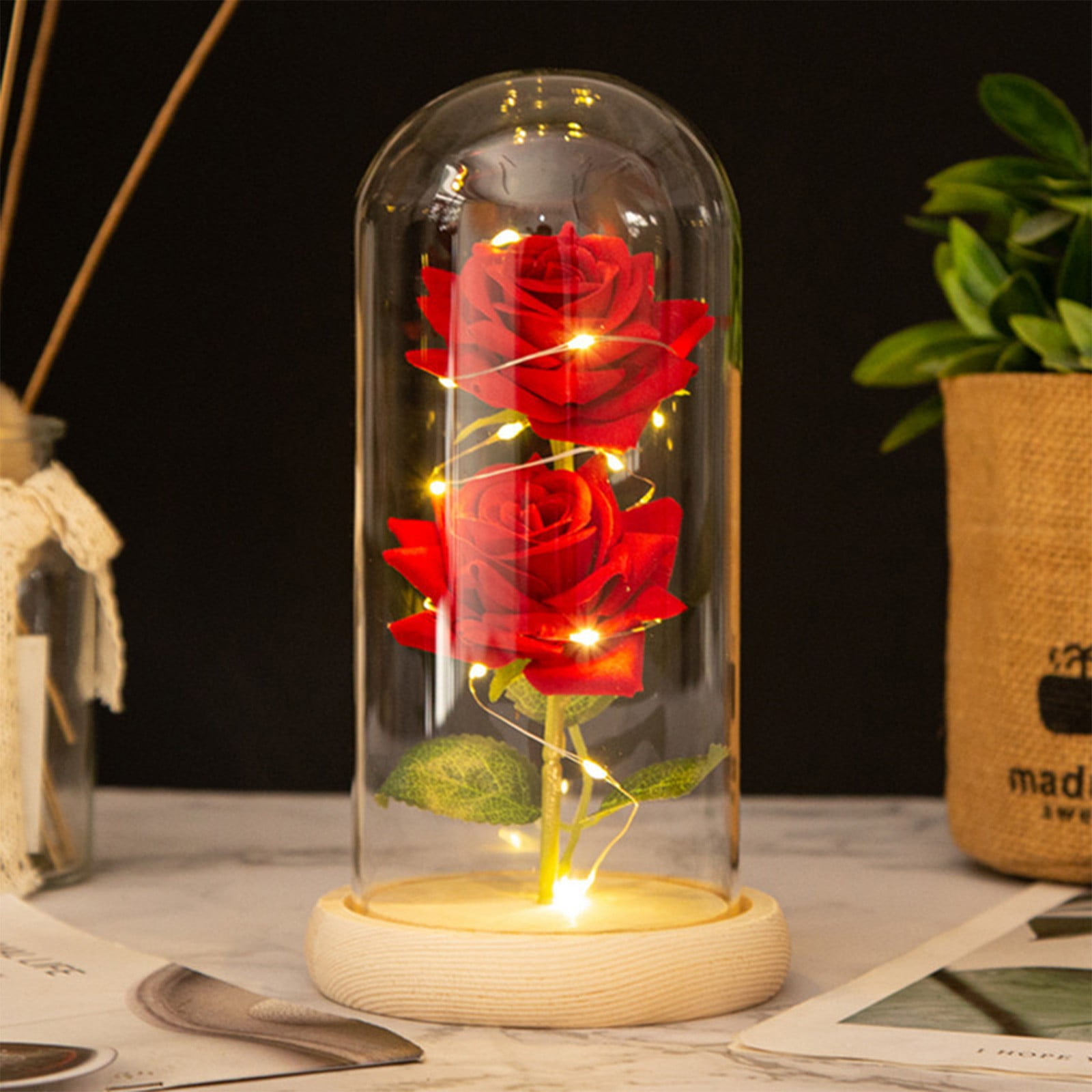 Cyrdddb Eternal Flower Simulation Rose Glass Cover Decoration LED ...