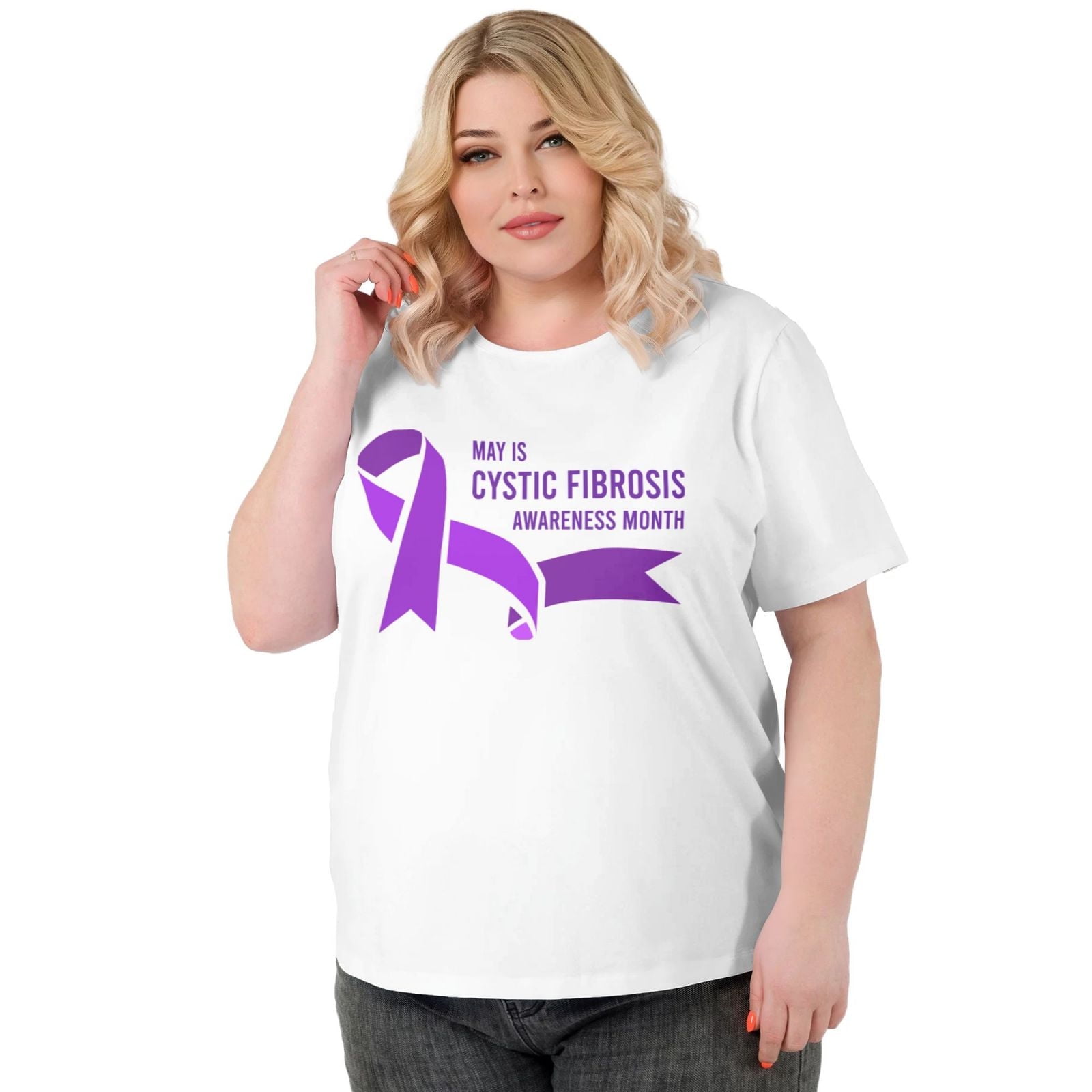 Cystic Fibrosis Awareness Month Purple Ribbon Women'S Plus-Size Short Sleeve Crew Neck Tee ...
