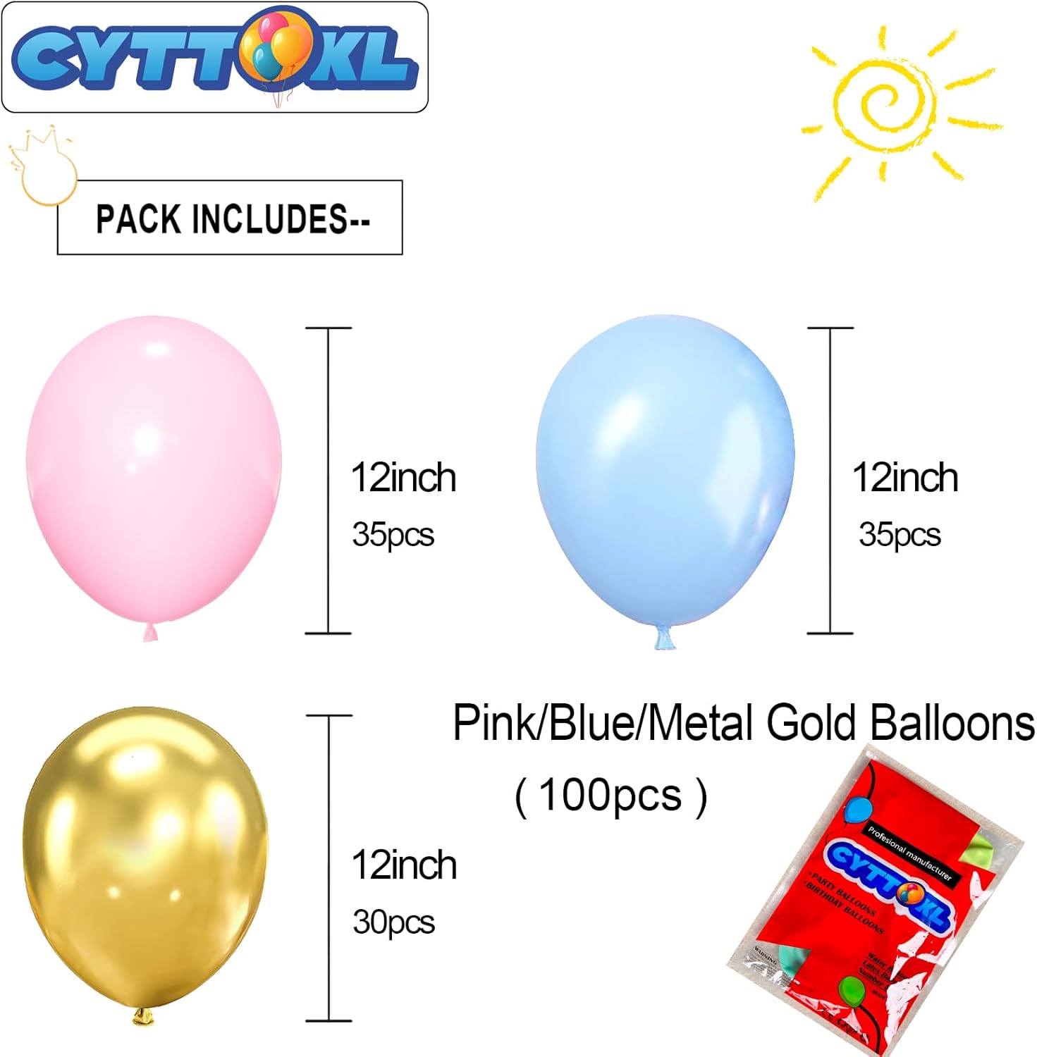Cyttok Pink Blue And Gold Balloons 12 Inch 100 Pack Helium Balloons For ...