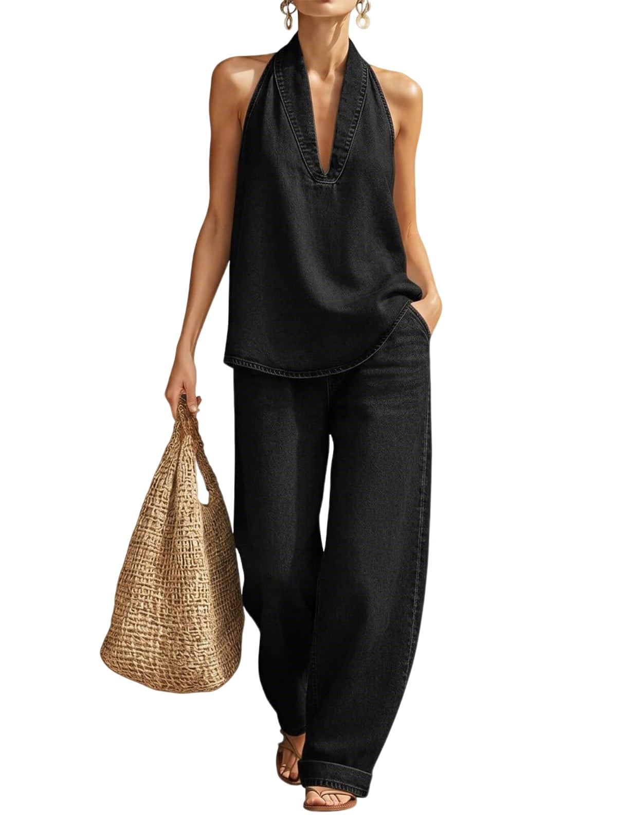Czanzd Women's Denim Halter Top Wide Leg Pants Set Loose Fit 2 Piece ...