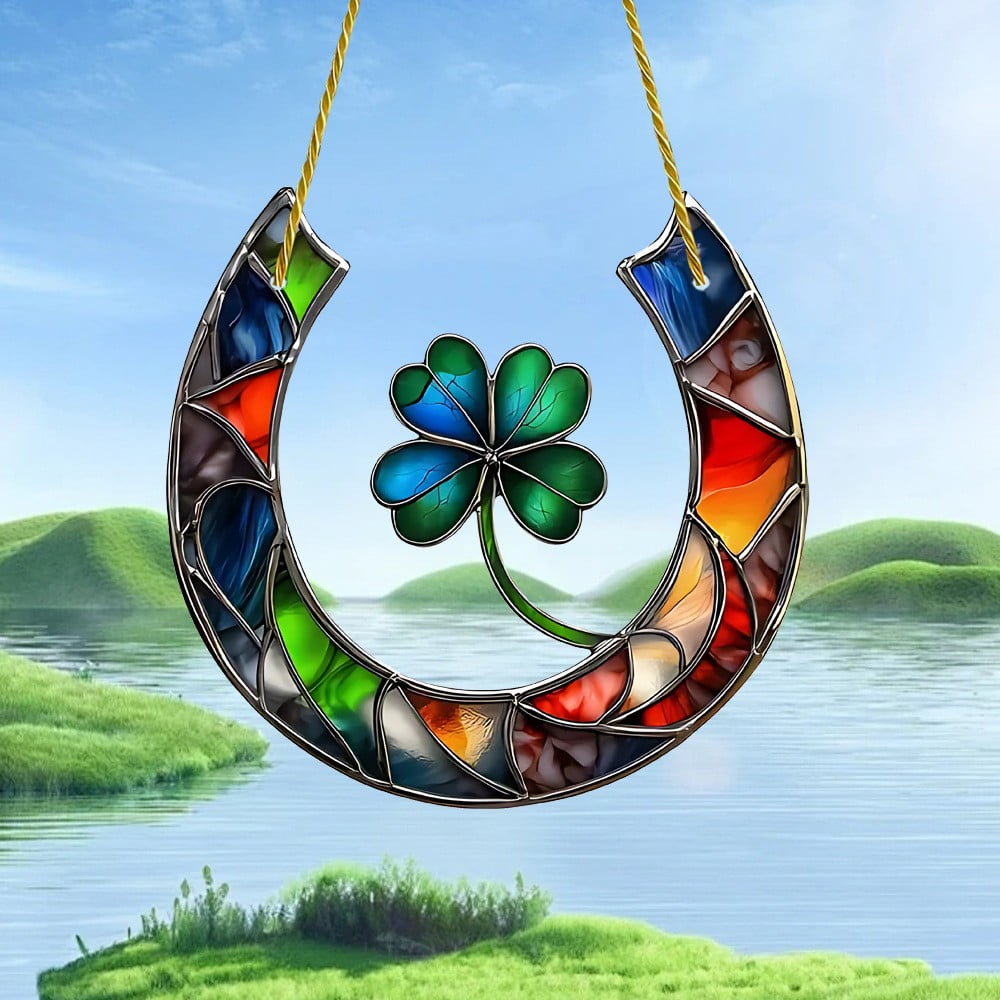 Czzoypi Handmade Lucky Four-Leaf Clover & Horseshoe Stained Glass ...