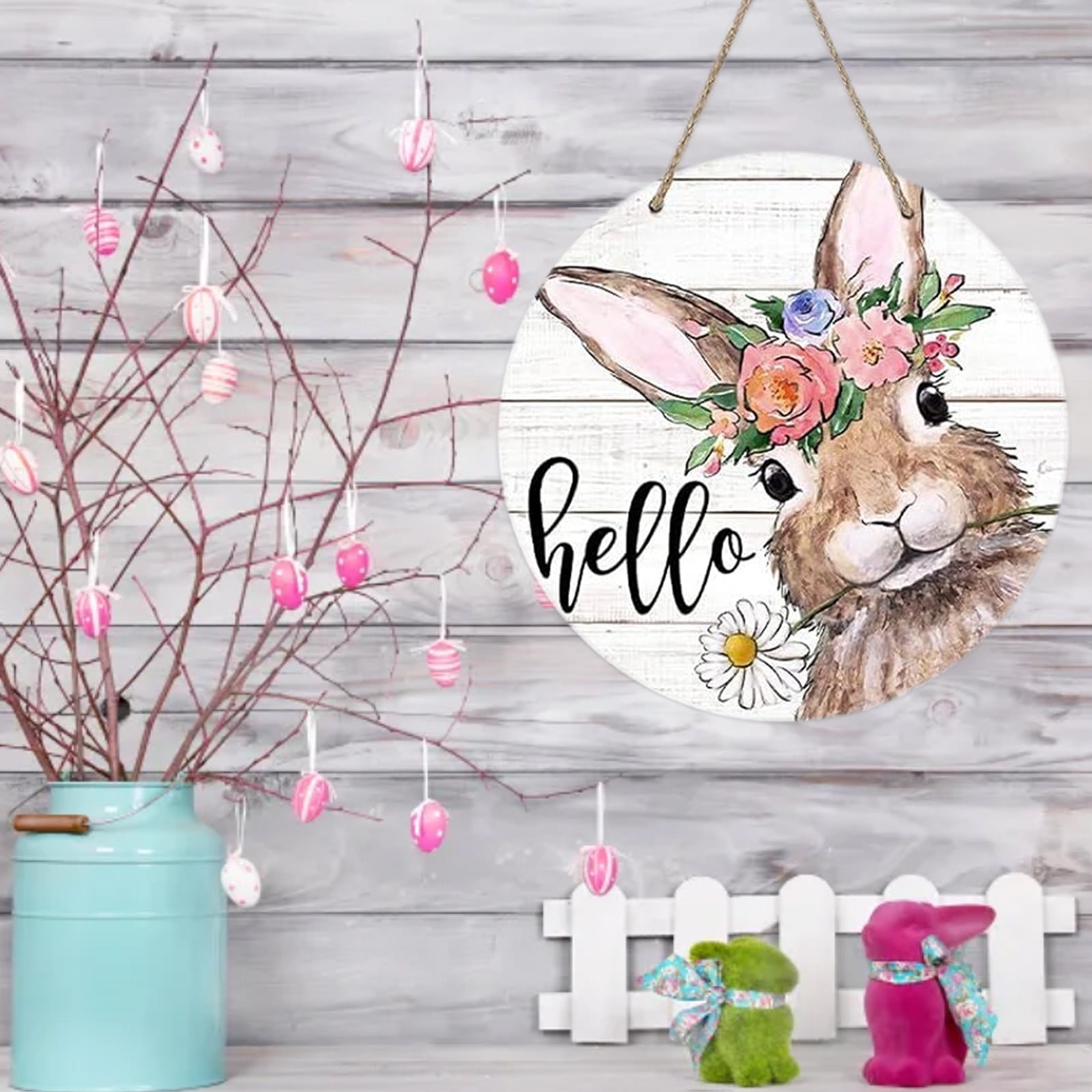 Czzoypi Hello Summer Easter Bunny Rabbit Sign for Front Door Decor ...
