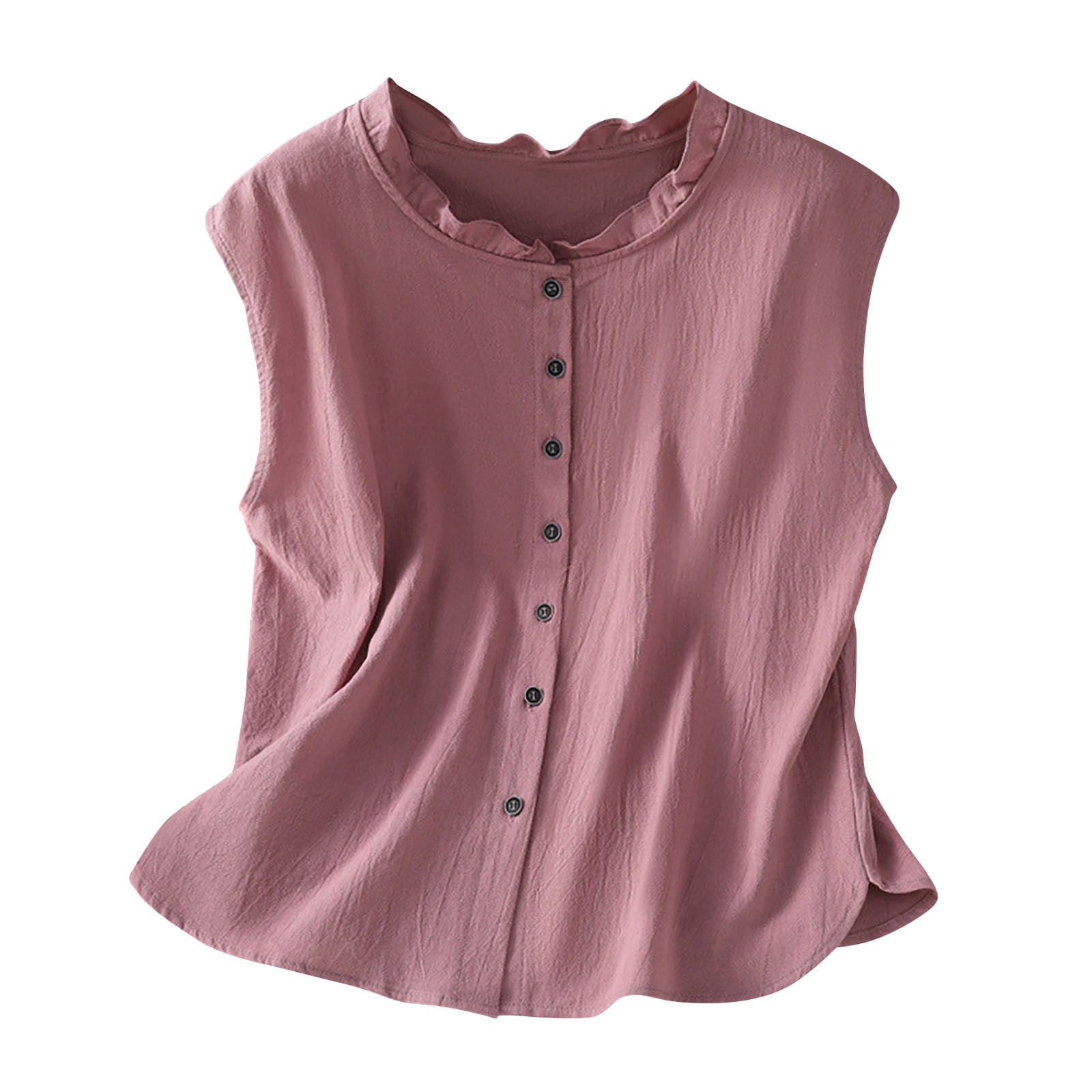 Czzoypi Linen Button Down Tops for Women Sleeveless Blouse Round Neck ...