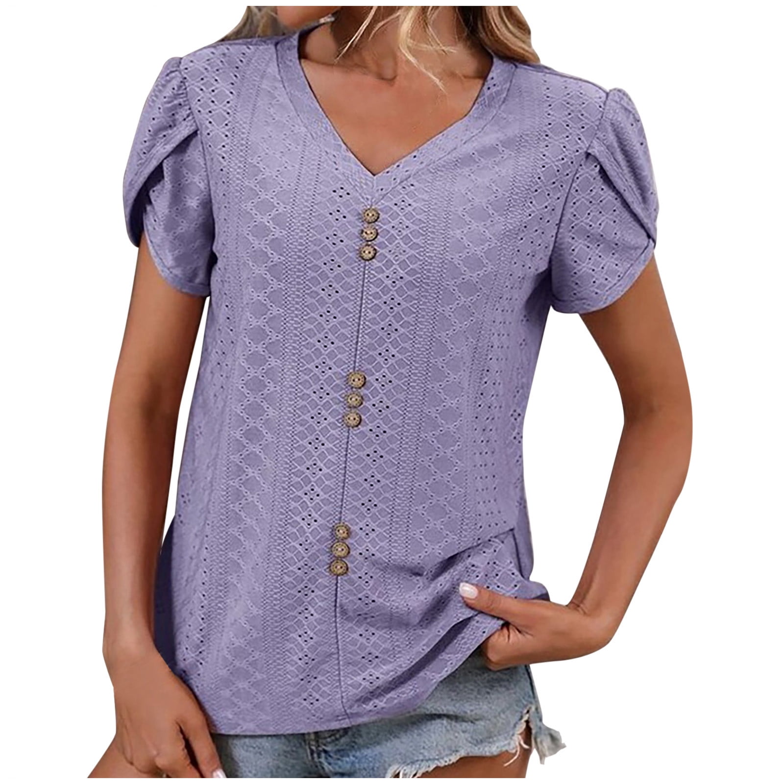 Czzoypi Summer Blouses for Women Casual Lace V-Neck Top Short Sleeve ...