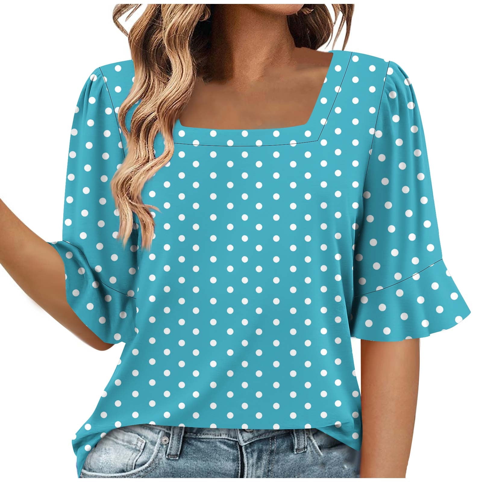 Czzoypi Summer Blouses for Women Polka Dot Square Neck Ruffle Sleeve ...