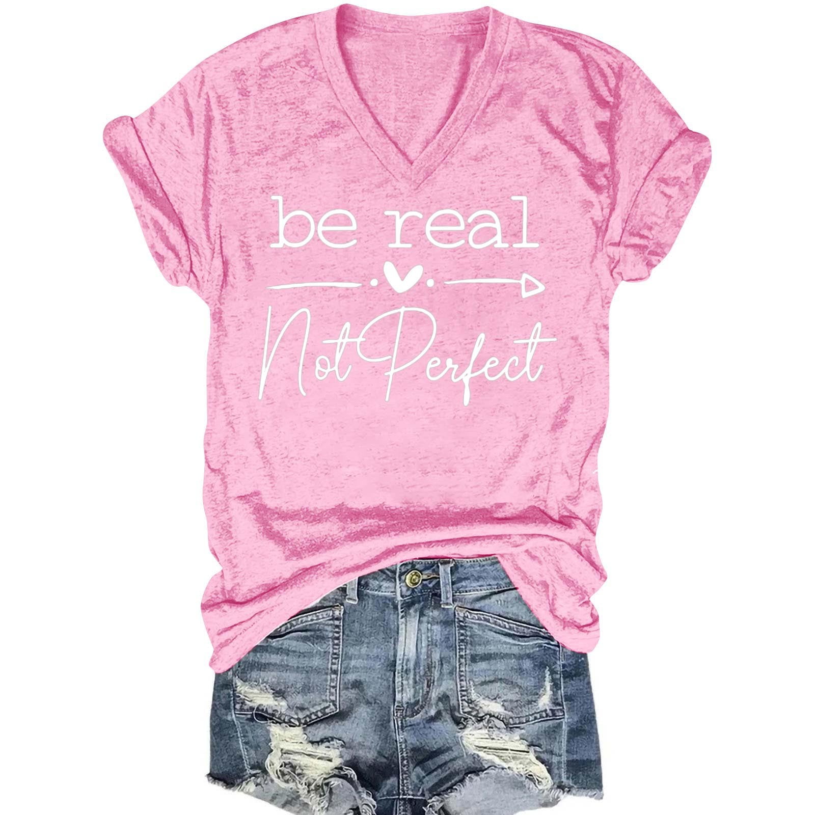 Czzoypi Summer Women Casual Tops V Neck Short Sleeve Graphic Letter ...