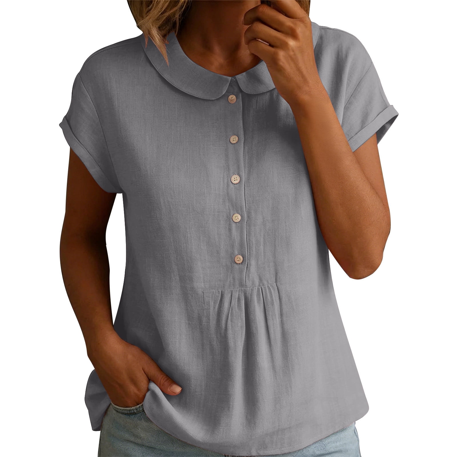 Czzoypi Women Button Down Collared Short Sleeve Blouse Casual Boho ...