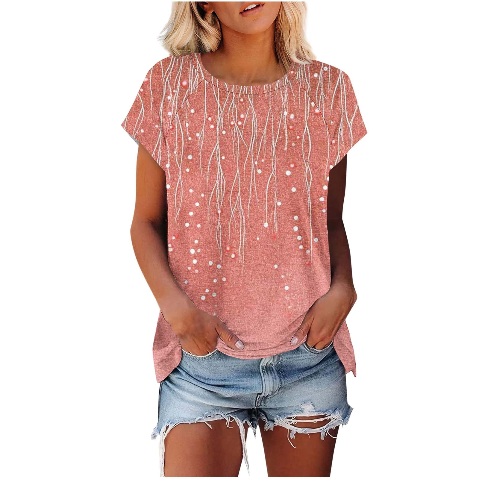 Czzoypi Women Casual Blouse Round Neck Short Sleeve Polka Dot Print ...