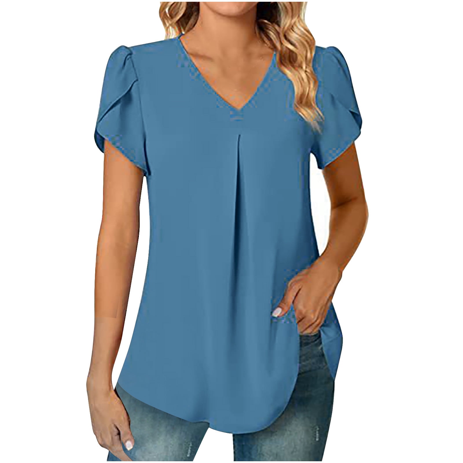 Czzoypi Women Casual V-Neck Ruffle Blouse Short Sleeve Loose Flowy Tops ...