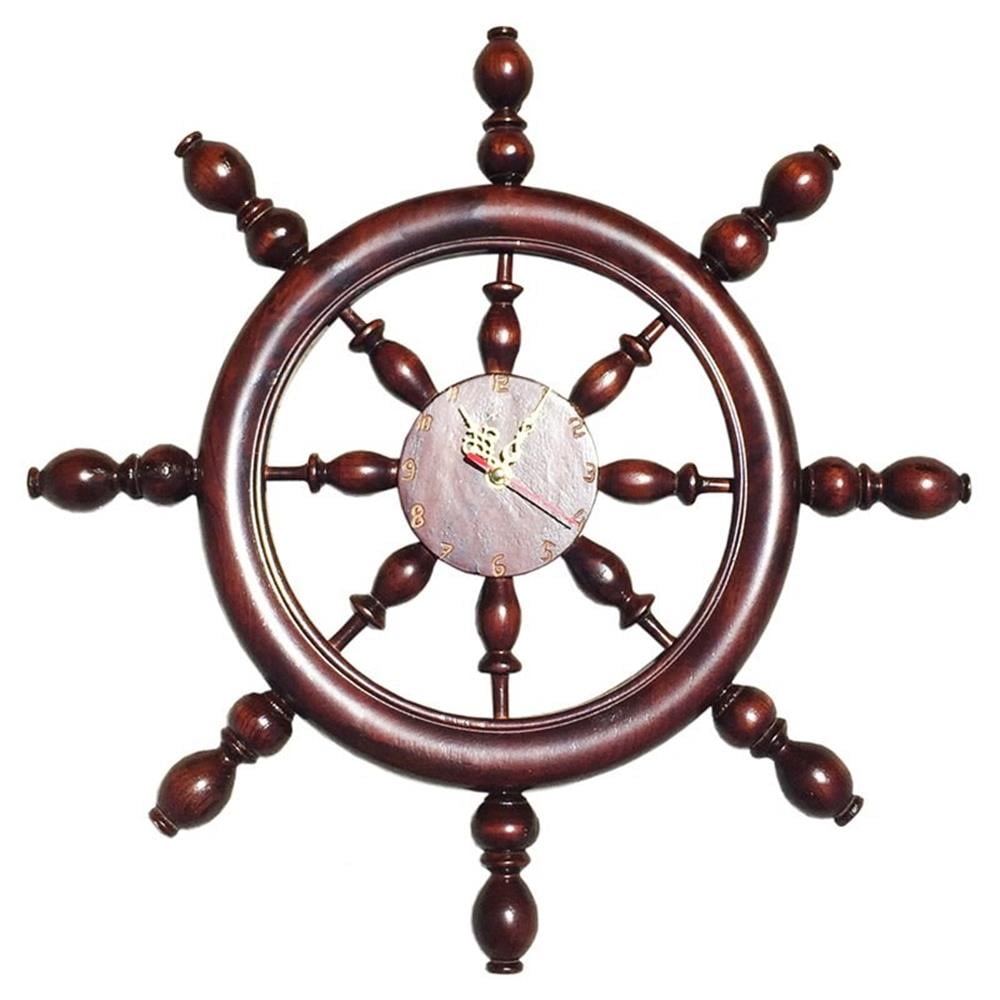 D-Art Collection Mahogany Wood and Veneer Captain Wheel Clock in Dark ...