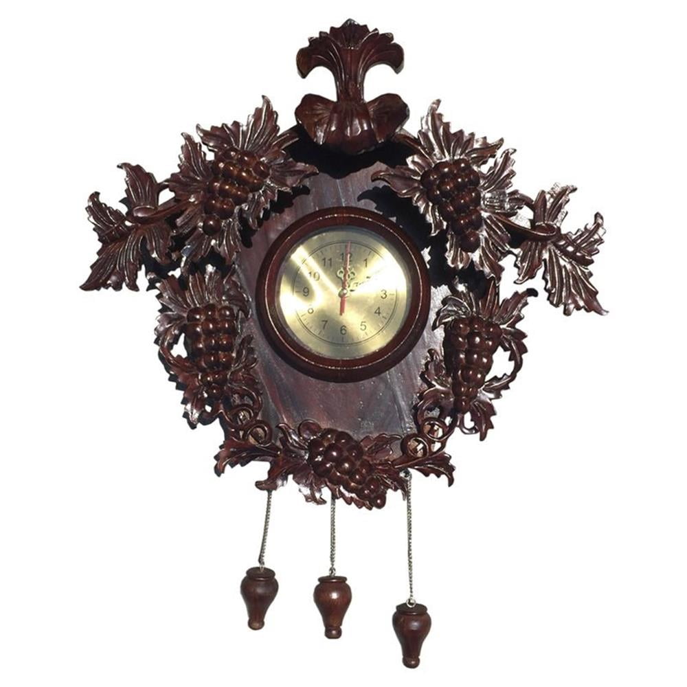 D-Art Collection Mahogany Wood and Veneer Carved Grape Clock in Dark ...