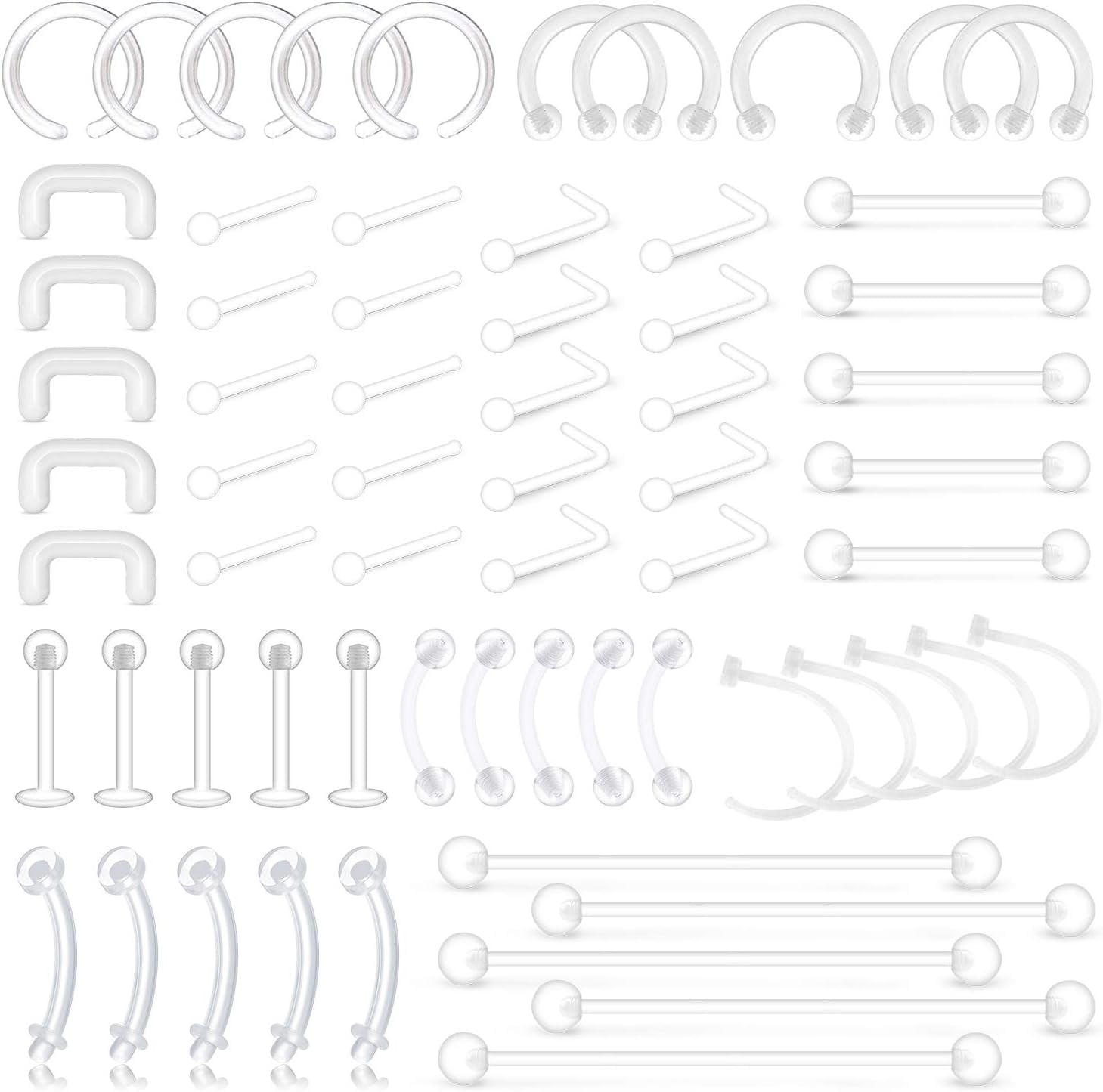 D.Bella 65pcs Mix Style Clear Piercing Retainer Flexible Lip Ear Nose ...