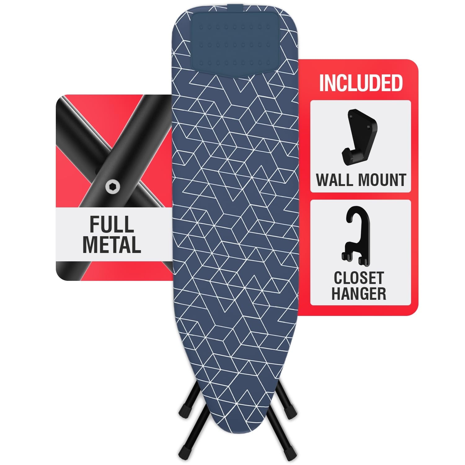 D-Crease+ 48" X 13" Full Metal Ironing Board W/Silicon Iron Rest, Wall ...