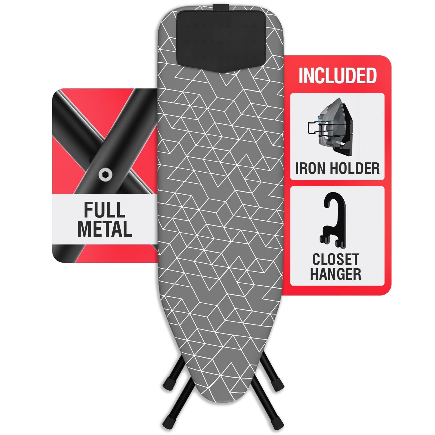 D-Crease+ Full Metal Ironing Board 48" X 13" with Silicon Iron Rest ...