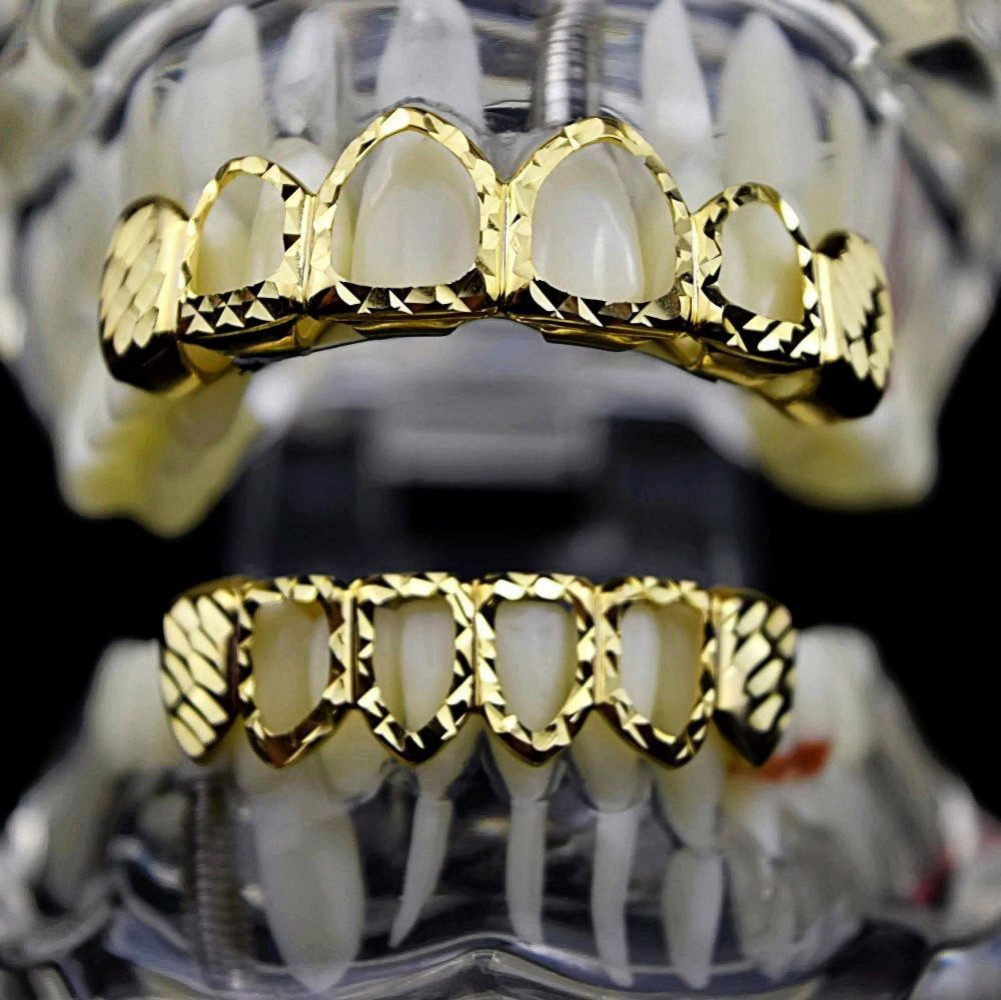 D-Cut Grillz Set Pure Gold Color Plated Top & Bottom Teeth 4 Open Hip ...