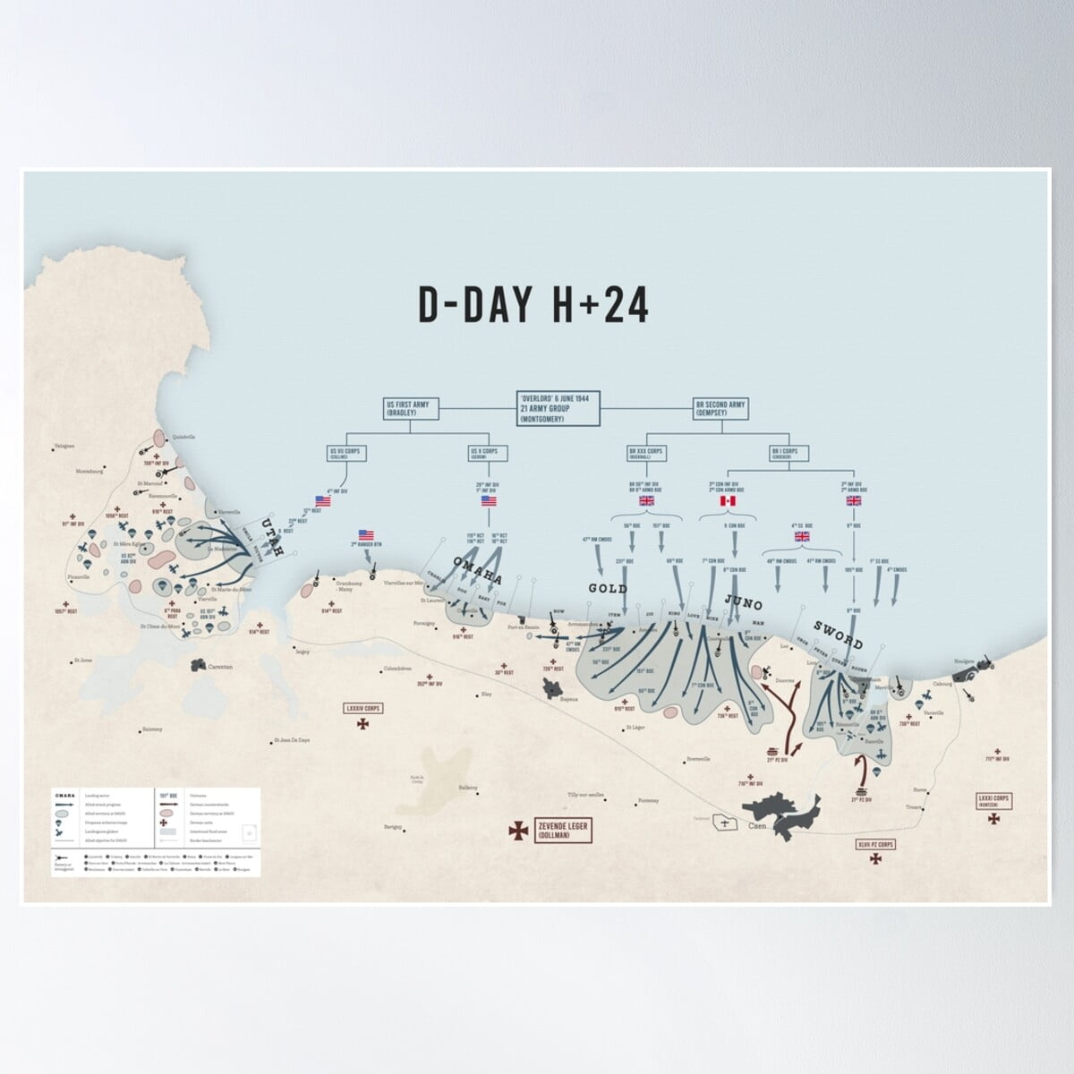 D-Day Map Poster Of Normandy With All Beach And Airborne Landings In ...