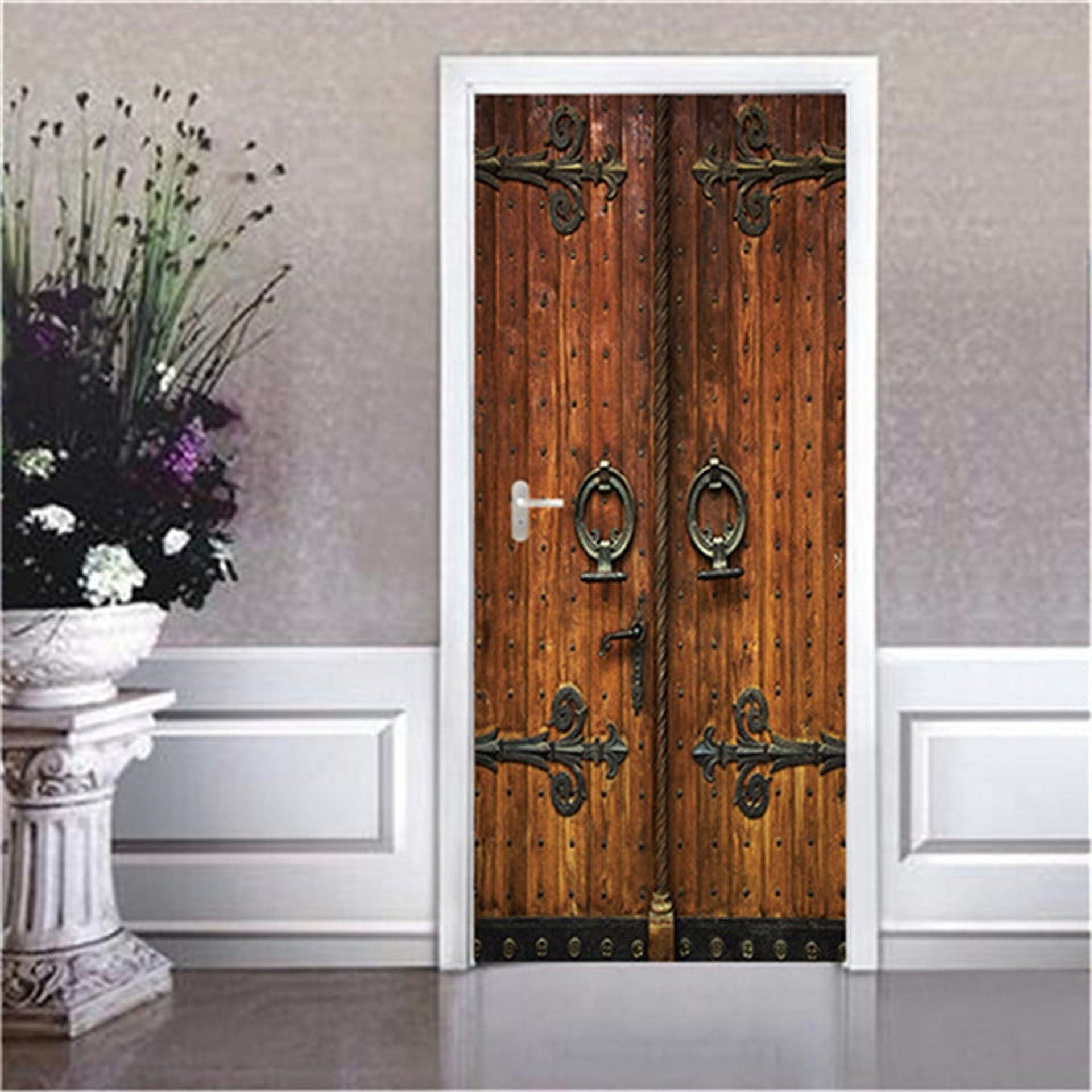 D Door Sticker Forest Wall Mural Art Green Tree Drawbridge Wallpaper ...