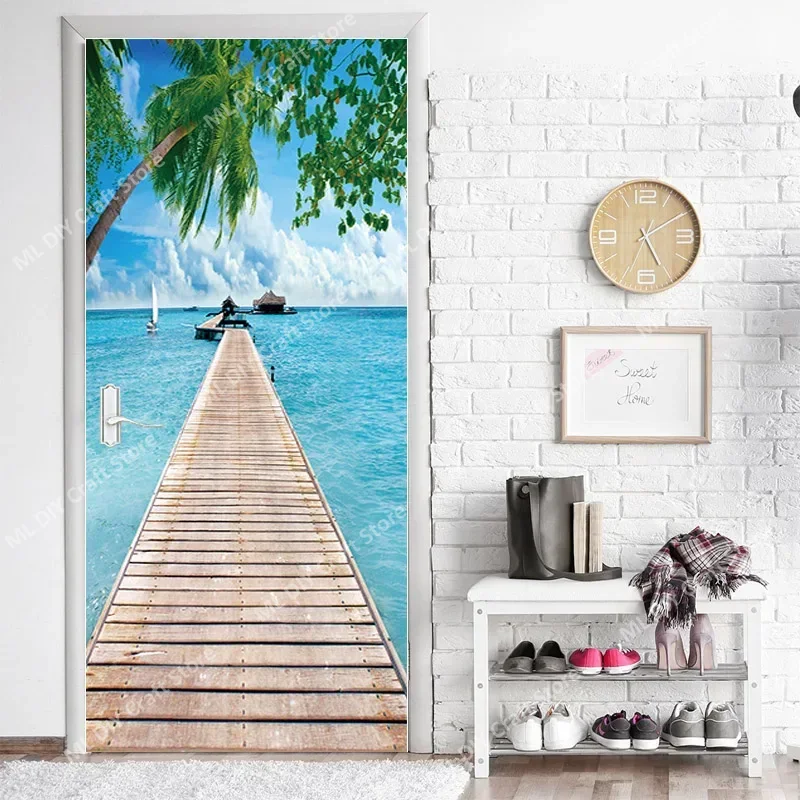 D Door Sticker Wallpaper Self-adhesive Seaside Beach Decal Mural for ...