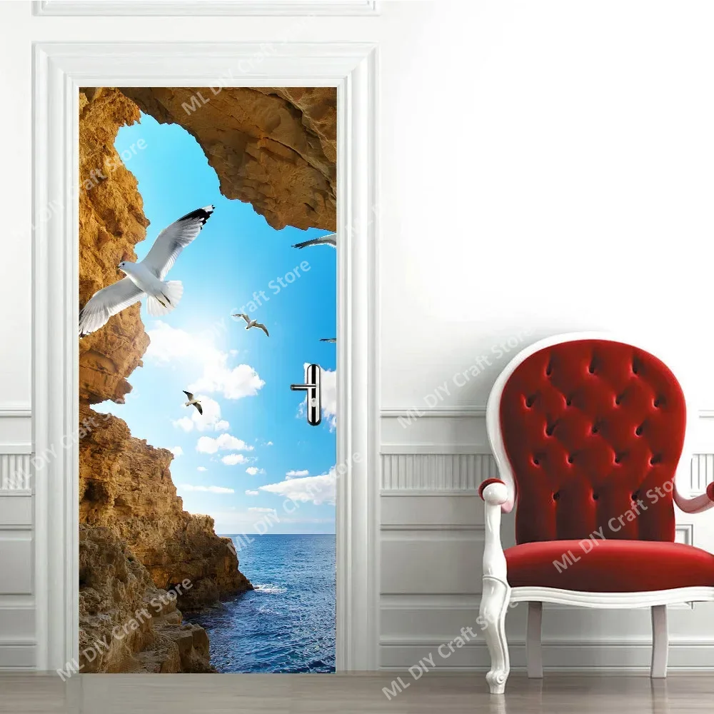 D Door Sticker Wallpaper Self-adhesive Seaside Beach Decal Mural for ...