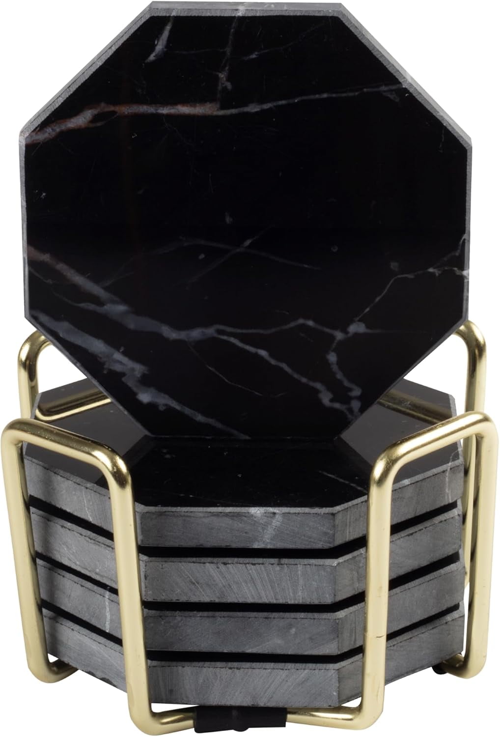 Black Marble Coasters & Gold Coaster Holder (Set of 5) - Durable, Thick ...