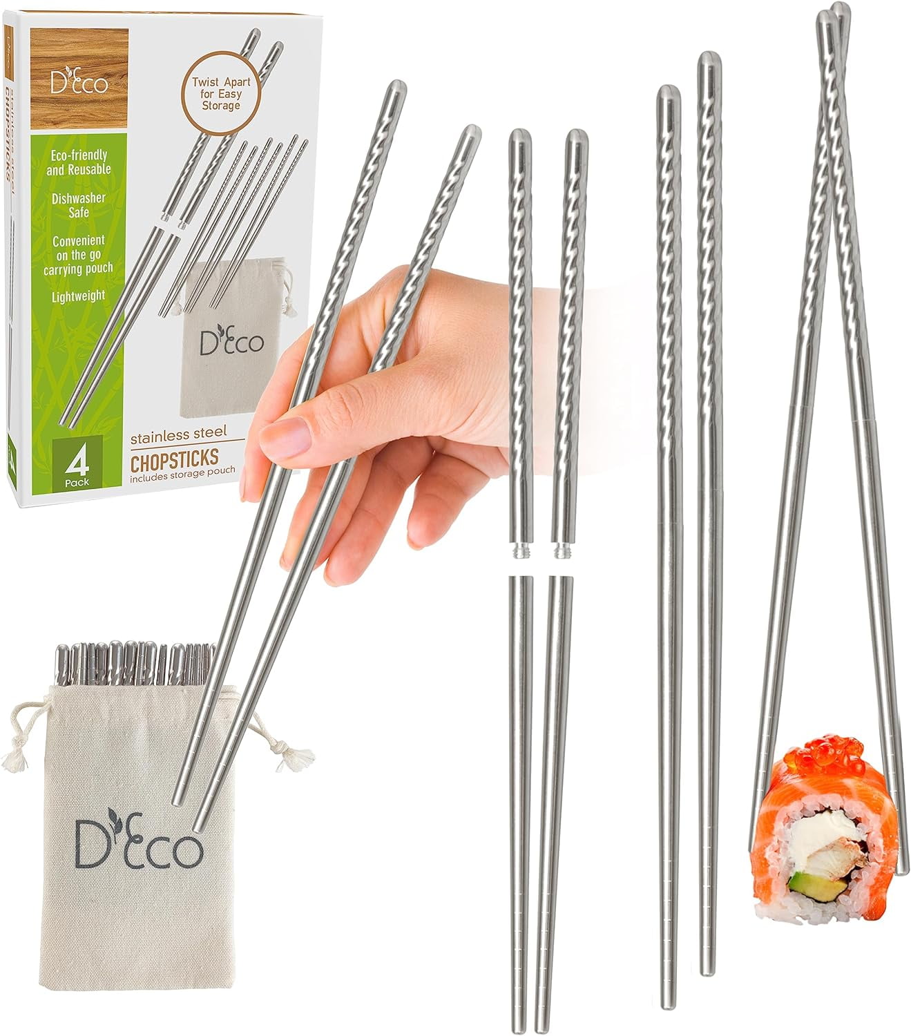 D'Eco Stainless Steel Reusable Travel Chopsticks, Dishwasher Safe ...