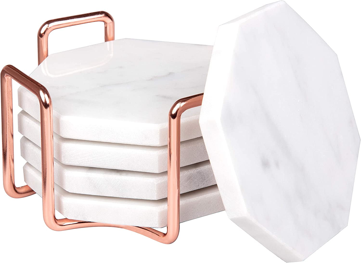 White Carrara Marble Coasters & Rose Gold Coaster Holder (Set of 5 ...