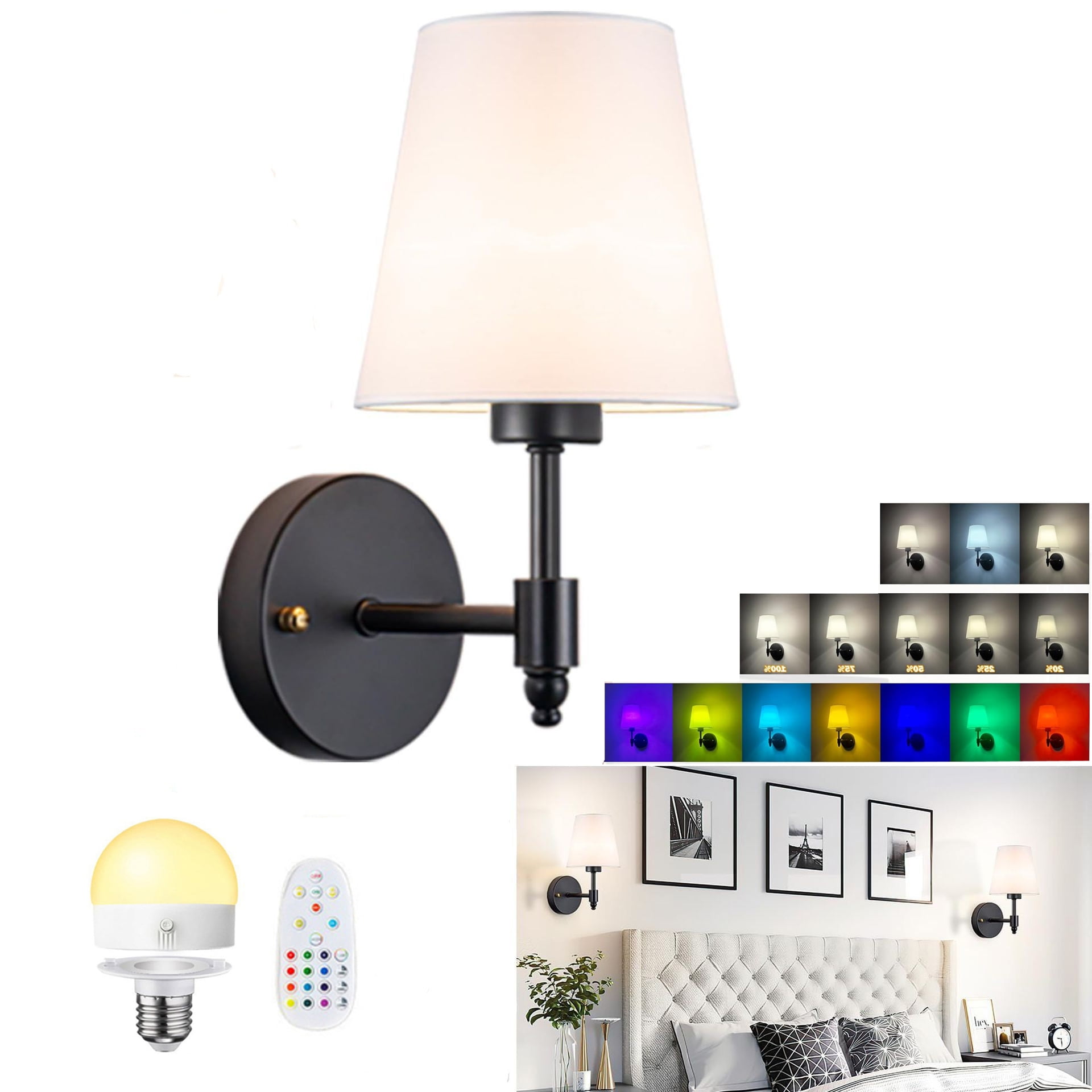 D.FAMILY Battery Operated Wall Sconces-Remote Control, 12-Color RGB+ ...