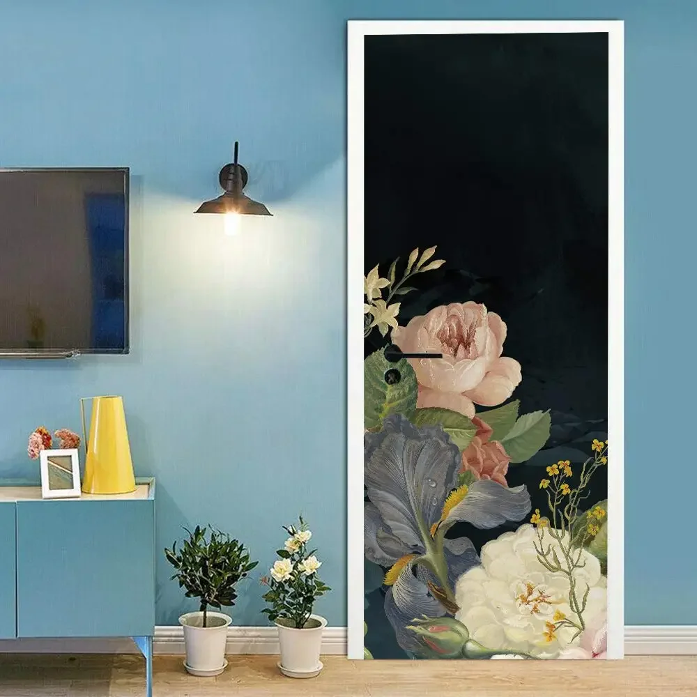 D Flowers Door Stickers Wallpaper Colorful Floral Leaves Doors Murals ...