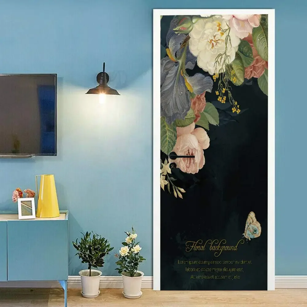 D Flowers Door Stickers Wallpaper Colorful Floral Leaves Doors Murals ...