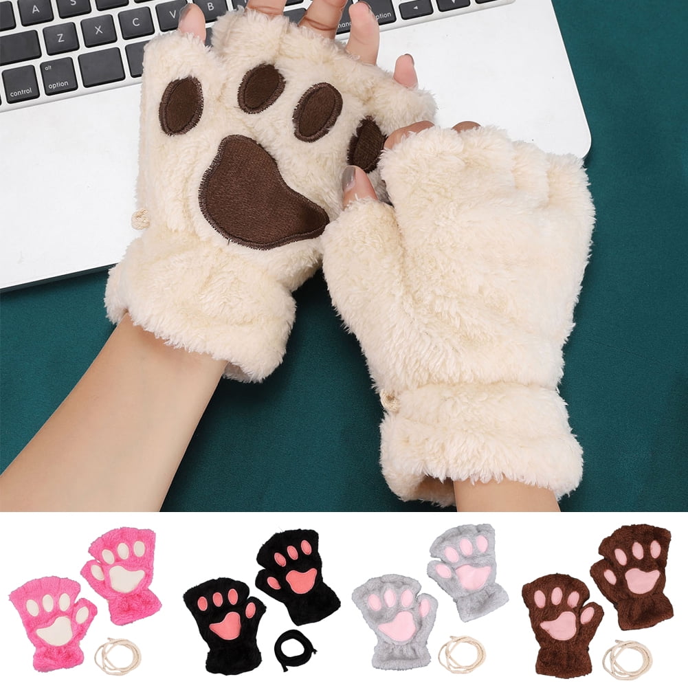 D-GROEE 1 Pair Cute Cat Kitten Paw Thickened Fingerless Plush Gloves ...