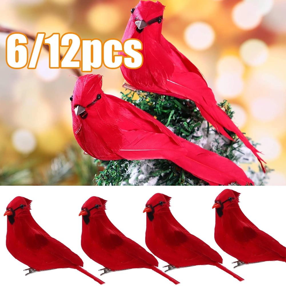 D GROEE 6/12Pcs Artificial Red Birds with Clip Simulated Red Feather ...