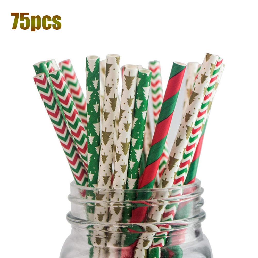 D-GROEE 75Pcs Christmas Paper Straws Disposable Drinking Christmas Tree ...