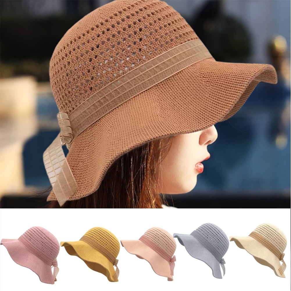 D-GROEE Autumn Winter Straw Bonnet Cap for Women Ruffle Wide Brim Hollow Out Knitted Sun Hat ...