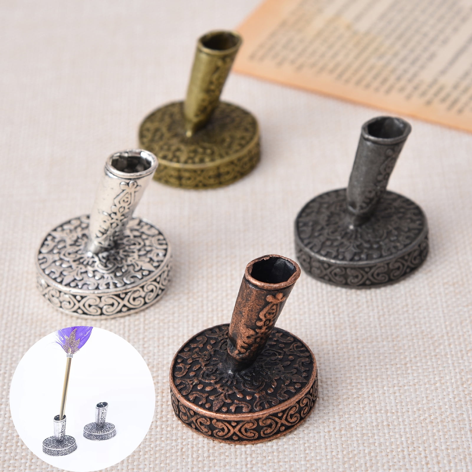 D-GROEE Vintage Round Metal Feather Pen Holder Insertion Pen Holder ...