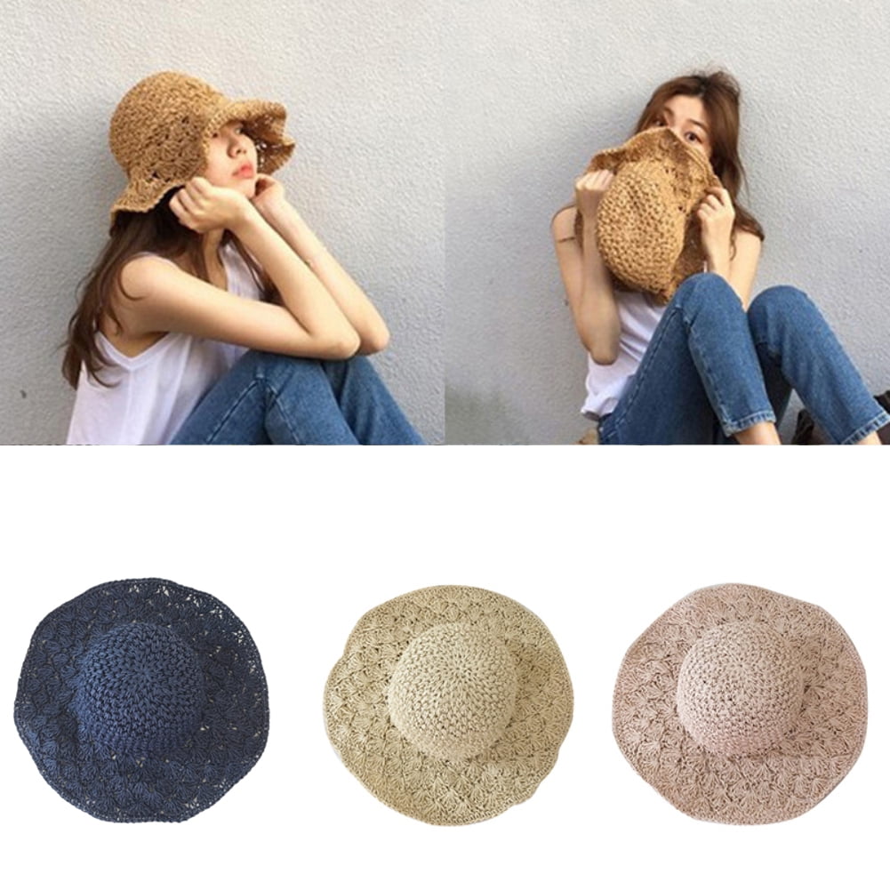 D-GROEE Women Foldable Wide Brim Straw Weave Hat Sunhat Beach Summer ...
