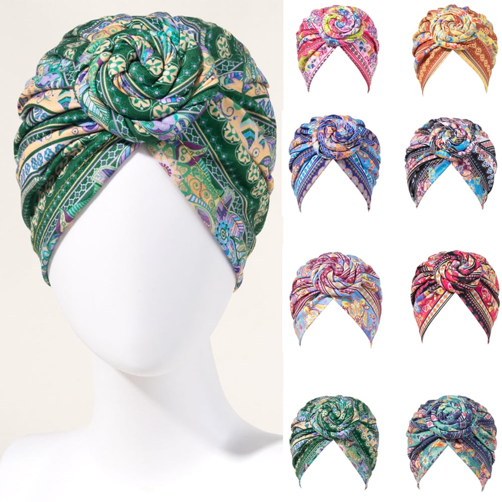 D-GROEE Women Retro Print Turban Bonnet Bohemia Flower Knot Pre-Tied ...