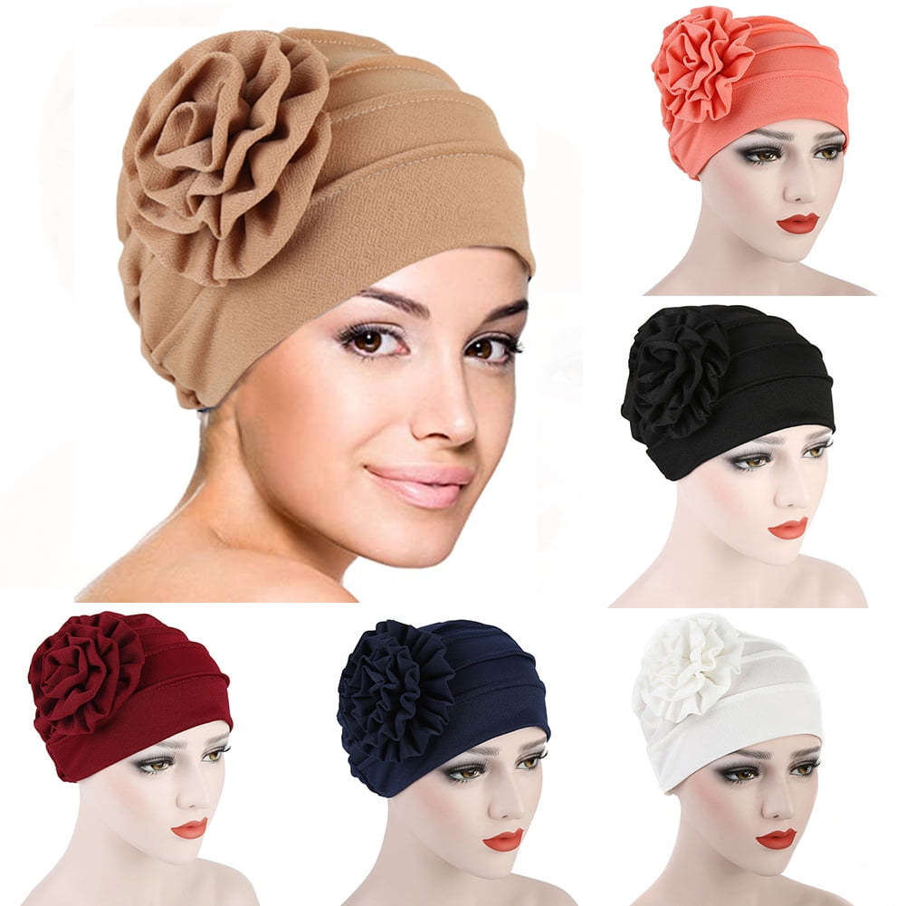 D-GROEE Women Side Flower Elastic Turban Solid Color Head Scarf Fashion ...