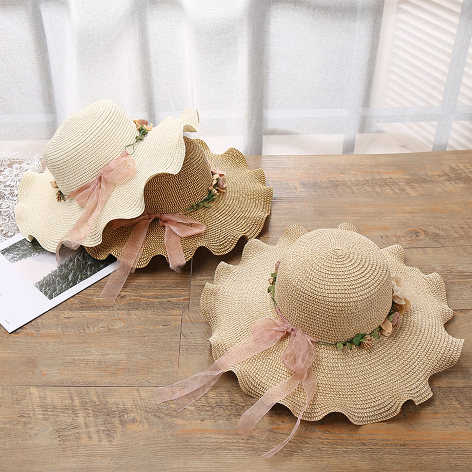 D Groee Womens Wide Brim Sun Protection Wave Brim Floppy Straw Hat