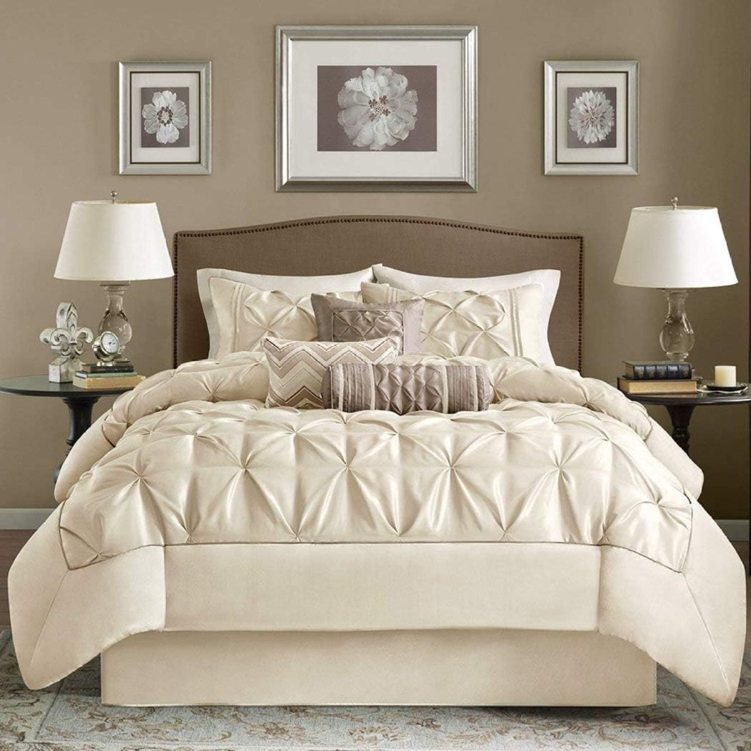 D&H 7 Piece Ivory Cream Beige Pinch Pleated Comforter Queen Set, Plush ...