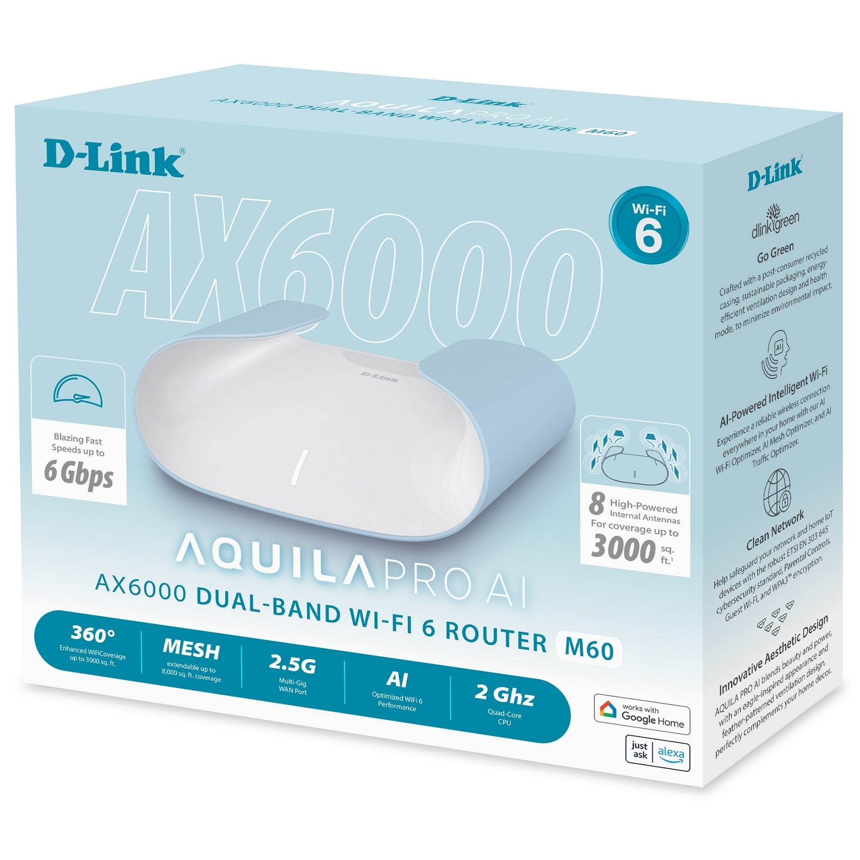 D-Link M60 AX6000 WiFi 6 Smart Mesh Router, Covers up to 3,000 Sq ft ...