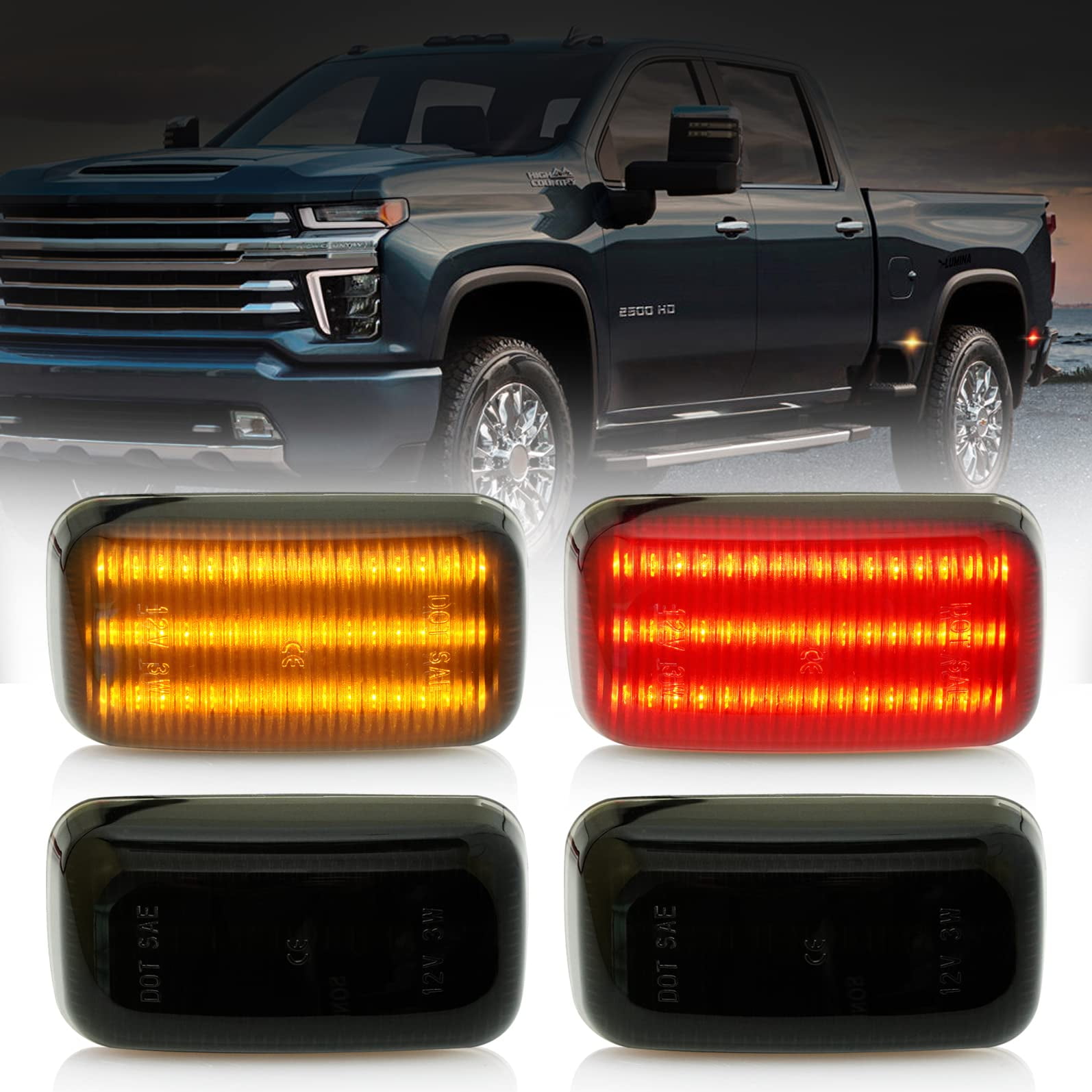 D-Lumina Side Marker SSF20 Lights 3 Rows Strip Red for 2015-2022 Chevy Silverado GMC Sierra ...