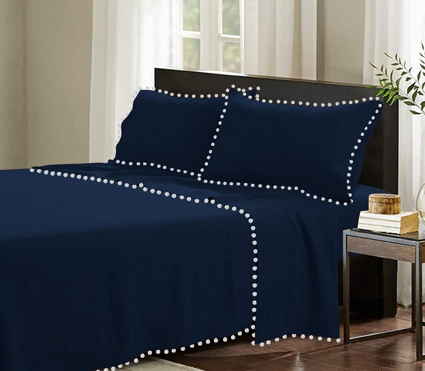 D.N.G. BEDDINGS 4 Piece Pom Pom Sheet Set 21 Inch Deep Pocket, White ...