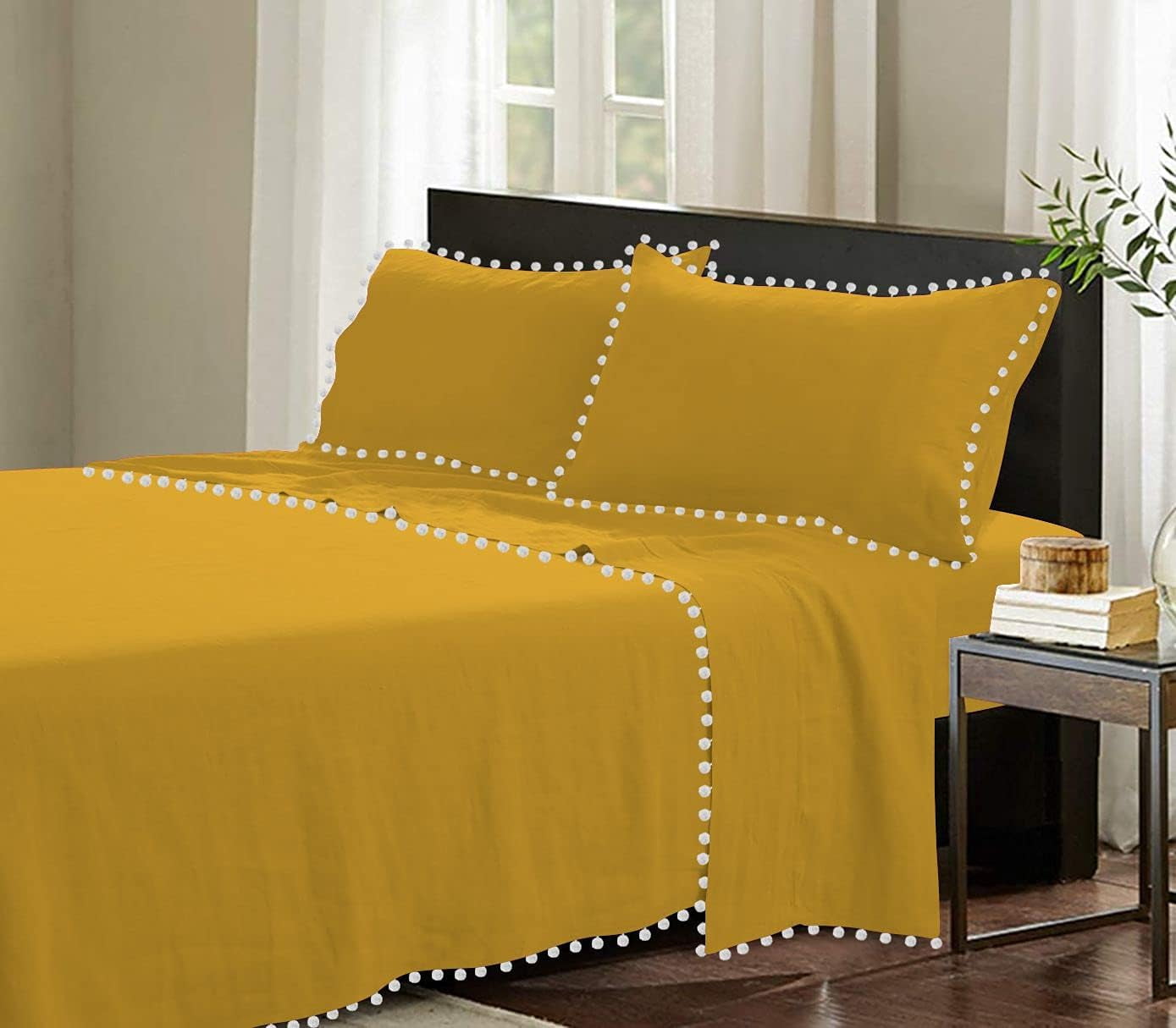 D.N.G. BEDDINGS 4 Piece Pom Pom Sheet Set 26 Inch Deep Pocket, White ...